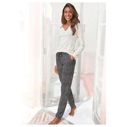 Pyjama Lascana, Damen, Gr. 32/34, schwarz (nude, schwarz, kariert), Single Jersey, Obermaterial: 63% Polyester, 33% Viskose, 4% Elasthan. Unterteil: 50% Baumwolle, 50% Viskose, kariert, unifarben, Basic, bequem lang, Rundhals, Bündchen, Homewear-Sets, mit geripptem Langarmshirt