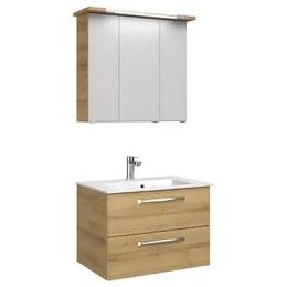 Badmöbel-Set SAPHIR "Trentino 2-tlg. Mineralmarmor-Waschtisch,Spiegelschrank mit LED-Profil", braun (riviera eiche quer nb), Kastenmöbel-Sets, Badmöbel-Set 77cm breit, inkl. Türdämpfer, 3 Türen, 2 Auszügen