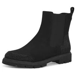 Chelseaboots Marco Tozzi BY GMK "BELLO", Damen, Gr. 37, schwarz, Elastischer Einsatz, Textil, Glitzer, Veloursleder, unifarben, Schuhe, Blockabsatz, Stiefelette, Boots mit funkelnden Strasssteinen