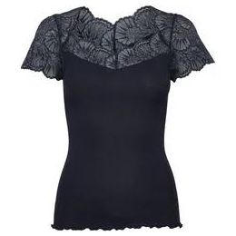 T-Shirt rosemunde, Damen, Gr. M, schwarz, Obermaterial: 55% Seide, 45% Baumwolle, unifarben, hüftbedeckend, V-Ausschnitt, Spitze, Shirts, elastischer Vintage-Spitzenbesatz, Kurzarm, gewellter Saum, Seidenmix