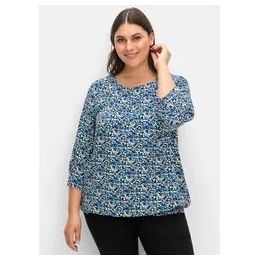 Longbluse sheego, Damen, Gr. 40, blau (tiefblau, gemustert), 100% Viskose, geblümt, gemustert, Rundhals, Blusen