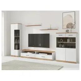 Wohnwand Home Affaire "Ribe Wohnwand Set-5 St.", weiß, eiche, Holzwerkstoff, Massivholz, Kastenmöbel-Sets, Holz Wohnwände Wohnwand, Glaseinsatz aus gehärtetem Glas,Böden teilweise versetzbar