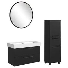 Badmöbel-Set Welltime "SALVADA, 3tlg-Set, gedämpfte Scharniere, Softclose, Keramikbecken", schwarz, B:140cm H:200cm T:47,5cm, MDF, Kastenmöbel-Sets, Schwarz, Keramikbecken 1 od. 2 Armaturlochbohrungen