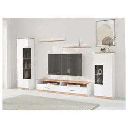 Wohnwand Home Affaire "Ribe Wohnwand Set-5 St.", weiß, kernbuche, Holzwerkstoff, Massivholz, Kastenmöbel-Sets, Glaseinsatz aus gehärtetem Glas,Böden teilweise versetzbar