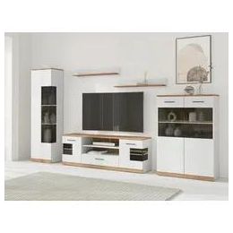 Wohnwand Home Affaire "Ribe Wohnwand Set-5 St.", weiß, eiche, Holzwerkstoff, Massivholz, Kastenmöbel-Sets, Glaseinsatz aus gehärtetem Glas,Böden teilweise versetzbar