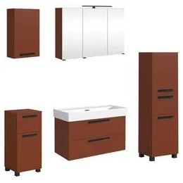 Badmöbel-Set Welltime "SALVADA, 5tlg-Set, gedämpfte Scharniere, Softclose, Keramikbecken", rot, B:180cm H:200cm T:47,5cm, MDF, Kastenmöbel-Sets, Rot, Keramikbecken 1 od. 2 Armaturlochbohrungen