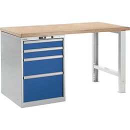 LISTA Werkbank im Baukastensystem, Höhe 840 mm, Unterstellschrank, 4 Schubladen, enzianblau, Tischbreite 1500 mm