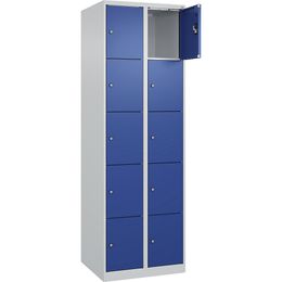 5er-Schlie&szlig;fachschrank Evolo PLUS, 2 Abteile, lichtgrau / enzianblau, B 600 mm, 10 F&auml;cher, mit Bodengleitern, Zylinderschloss kaiserkraft