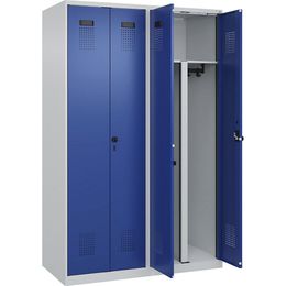 Schwarz-Wei&szlig;-Spind Evolo PLUS, 2 Abteile, Trennwand verk&uuml;rzt, lichtgrau / enzianblau, B 1200 mm, mit Bodengleitern, Sicherheits-Drehriegel kaiserkraft