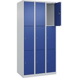 3er-Schlie&szlig;fachschrank Evolo PLUS, 3 Abteile, lichtgrau / enzianblau, B 900 mm, 9 F&auml;cher, mit Bodengleitern, Zylinderschloss kaiserkraft