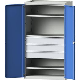 eurokraft pro Schwerlastschrank aus Stahl, 3 Fachböden, 3 Schubladen 180 mm hoch, lichtgrau/lichtblau