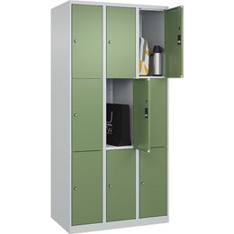 C+P 3er-Schlie&szlig;fachschrank Classic PLUS, 3 Abteile, lichtgrau / resedagr&uuml;n, B 900 mm, 9 F&auml;cher, mit Bodengleitern