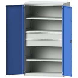 eurokraft pro Schwerlastschrank aus Stahl, 3 Fachböden, 2 Schubladen 180 mm hoch, lichtgrau/lichtblau