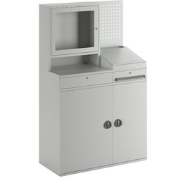 eurokraft pro Computer-Arbeitsstation, Stahlblech, HxB 1770 x 1100 mm, mit Monitorgeh&auml;use, Lochwand, Pultaufsatz, T&uuml;rfarbe Lichtgrau
