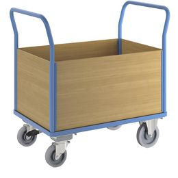 eurokraft pro Plattformwagen mit Holzw&auml;nden, mit 4 hohen W&auml;nden, Zentralstopp, LxB 1150 x 700 mm, Vollelastik