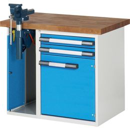 eurokraft pro Werkbank, Baukastensystem Serie 7000, 2 Schubladen, 1 Tür, 1 Schraubstock linksseitig, BxT 1000 x 700 mm
