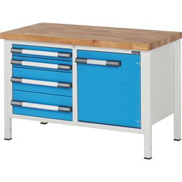 eurokraft pro Werkbank, Gestellbauweise Serie 8000, 4 Schubladen: 2 x 90, 2 x 180 mm, 1 T&uuml;r 540 mm, BxT 1250 x 700 mm