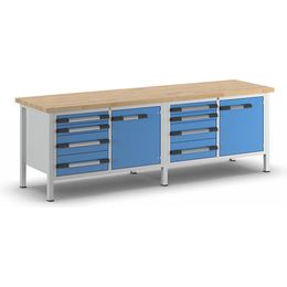 eurokraft pro Werkbank, Gestellbauweise Serie 8000, 8 Schubladen: 4 x 90, 4 x 180 mm, 2 Türen 540 mm, BxT 2500 x 700 mm