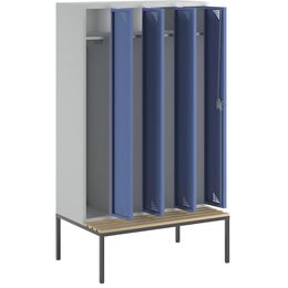 eurokraft pro Spind Bremen Sitzbank, 4 Abteile, Türen brillantblau, Breite 1200 mm