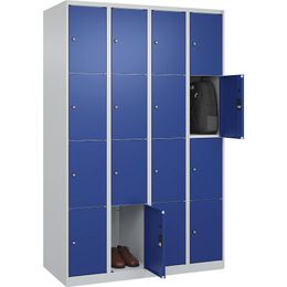 C+P 4er-Schlie&szlig;fachschrank Classic PLUS, 4 Abteile, lichtgrau / enzianblau, B 1200 mm, 16 F&auml;cher, mit Bodengleitern