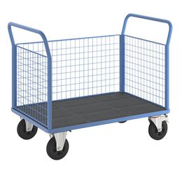 eurokraft pro Plattformwagen, 3 hohe Gitterw&auml;nde, LxB 1250 x 800 mm, Vollgummireifen