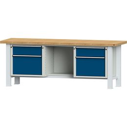 ANKE Schwerlast-Werkbank, Plattenbreite 2250 mm, mit 2 Schubladen und 2 Fl&uuml;gelt&uuml;ren, 1 offenes Fach, Plattenst&auml;rke 50 mm