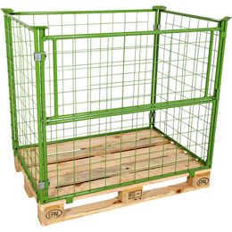 ratioform economy Gitter-Aufsatzrahmen, L&auml;ngswand halb klappbar, zum Aufsetzen, f&uuml;r Paletten 1200 x 800, H 800 mm, gr&uuml;n