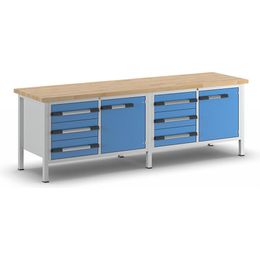 eurokraft pro Werkbank, Gestellbauweise Serie 8000, 6 Schubladen 180 mm, 2 Türen 540 mm, 1 Fachboden, BxT 2500 x 700 mm