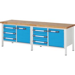 eurokraft pro Werkbank, Gestellbauweise Serie 8000, 6 Schubladen 180 mm, 2 T&uuml;ren 540 mm, 1 Fachboden, BxT 2500 x 700 mm