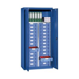 eurokraft pro Material- und Schubladenschrank, 1 Fachboden, 26 Schubladen, enzianblau RAL 5010