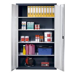 eurokraft pro Fl&uuml;gelt&uuml;rschrank aus Stahlblech, HxBxT 1950 x 1200 x 500 mm, 4 Fachb&ouml;den, Korpus tiefschwarz, T&uuml;rfarbe Lichtgrau