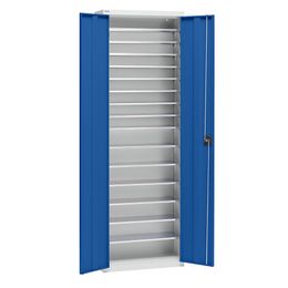 eurokraft pro Materialschrank aus Stahlblech, H&ouml;he 2000 mm, lichtgrau RAL 7035 / enzianblau RAL 5010, 15 B&ouml;den