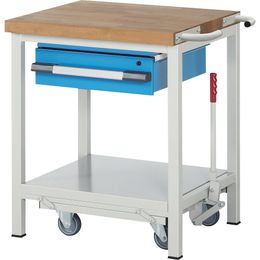 eurokraft pro Fahr- und absenkbare Werkbank, Gestellbauweise Serie 8000, 1 Hängeschublade, Ablageboden, BxT 750 x 700 mm