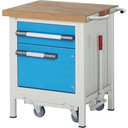 eurokraft pro Fahr- und absenkbare Werkbank, Gestellbauweise Serie 8000, 1 Schublade, 1 Tür, Ablageboden, BxT 750 x 700 mm
