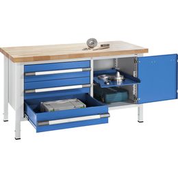 eurokraft pro H&ouml;henverstellbare Werkbank, Gestellbauweise, Breite 1500 mm, 3 Schubladen 180 mm, 1 T&uuml;r, grau / blau