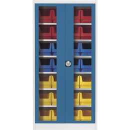 Mauser Sichtfenster-Fl&uuml;gelt&uuml;renschrank, mit 28 Sichtlagerk&auml;sten, lichtgrau / brillantblau