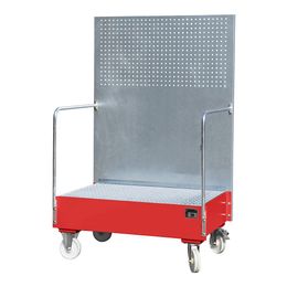eurokraft pro Fahrbare Auffangwanne mit Lochplattenwand, 2 x 200-l-Fass stehend nebeneinander, LxBxH 870 x 1290 x 2015 mm, feuerrot