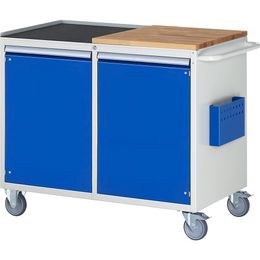 Rau Kompaktwerkb&auml;nke, fahrbar, 2 T&uuml;ren, Arbeitsfl&auml;che Holz / Metall, lichtgRau / enzianblau