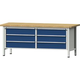 ANKE Werkbank mit XL/XXL-Schubladen, Gestellbauweise, Breite 2000 mm, 6 Schubladen 180 mm, Buchemassivplatte, Front enzianblau