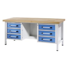 eurokraft pro Werkbank, Gestellbauweise, Breite 2000 mm, 6 Schubladen, 1/2 Ablageboden, Buche massiv