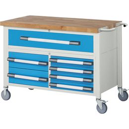 eurokraft pro Fahrbare Werkbank Serie 8000, Gestellbauweise, 7 Schubladen, Platten-BxT 1250 x 700 mm