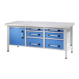 eurokraft pro Werkbank, Gestellbauweise, Breite 2000 mm, 6 Schubladen, 1 T&uuml;re, Universalplatte