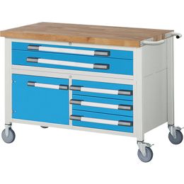 eurokraft pro Fahrbare Werkbank Serie 8000, Gestellbauweise, 5 Schubladen, 1 Tür, Platten-BxT 1250 x 700 mm