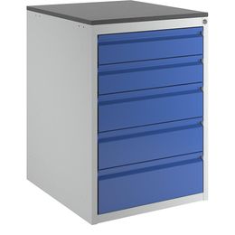 Rau Schubladenschrank mit Teleskopführungen, Höhe 820 mm, Schubladen 2 x 120, 2 x 150, 1 x 180 mm, lichtgRau / enzianblau, Breite 580 mm
