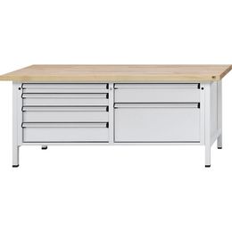 ANKE Werkbank mit XL/XXL-Schubladen, Gestellbauweise, Breite 2000 mm, 6 Schubladen, Buchemassivplatte, Front lichtgrau