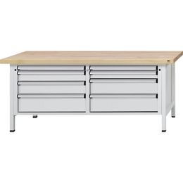 ANKE Werkbank mit XL/XXL-Schubladen, Gestellbauweise, Breite 2000 mm, 8 Schubladen, Buchemassivplatte, Front lichtgrau