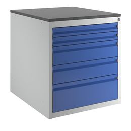 Rau Schubladenschrank mit Teleskopführungen, Höhe 640 mm, Schubladen 2 x 60, 2 x 120, 1 x 180 mm, lichtgRau / enzianblau, Breite 580 mm