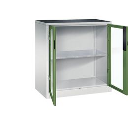 C+P Sichtfenster-Flügeltürschrank, HxBxT 1000 x 930 x 500 mm, 1 Fachboden, lichtgrau / resedagrün