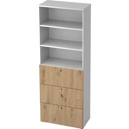 eurokraft pro Kombi-Schrank, 2 Fachböden, 3 Hängeregistraturschübe, weiß / Asteiche