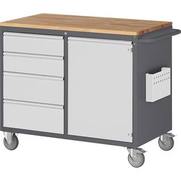 Rau Kompaktwerkb&auml;nke, fahrbar, 4 Schubladen, 1 T&uuml;r, Holzarbeitsfl&auml;che, anthrazit / lichtgRau